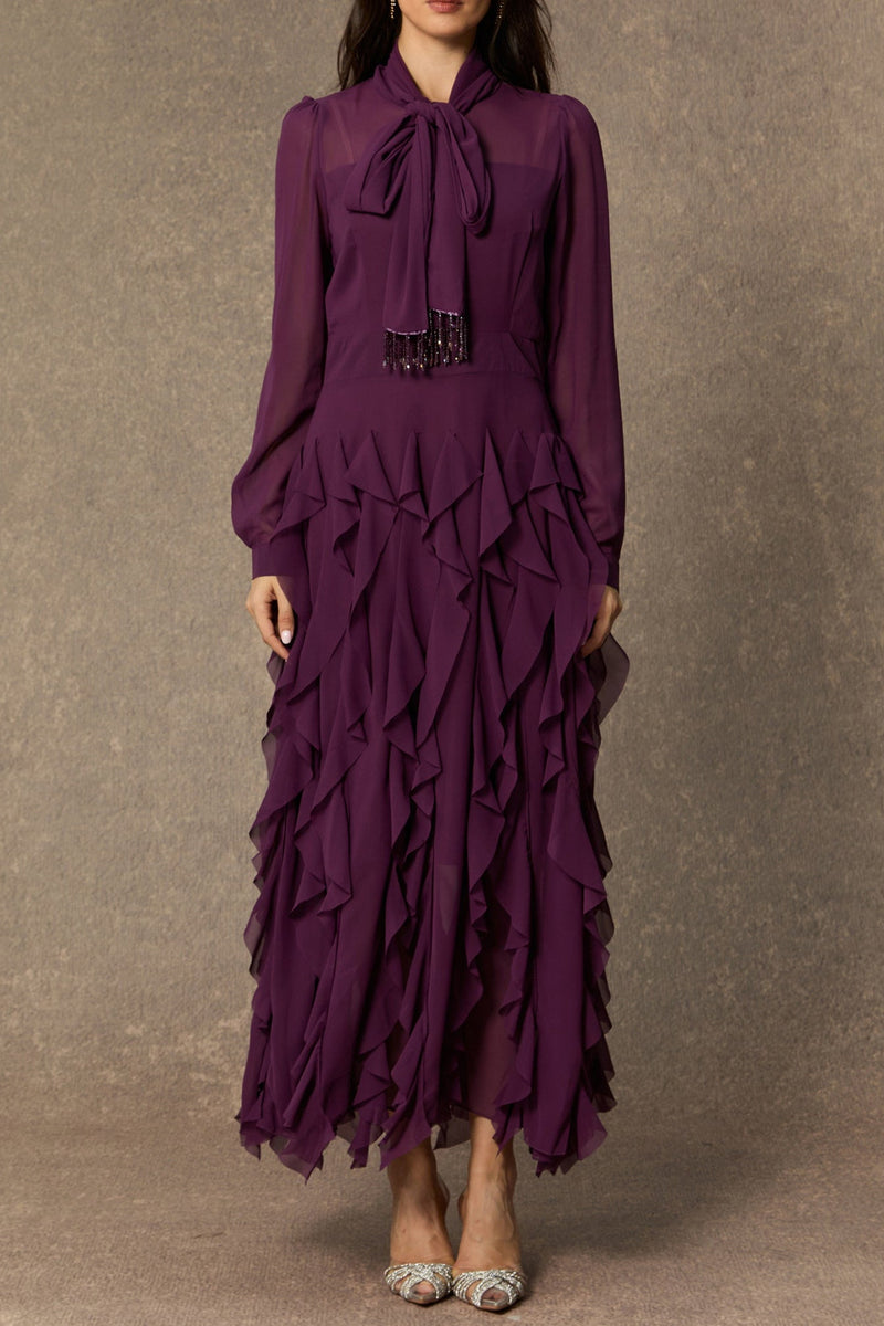 bonnie Purple Bow Neck Tiered Ruffle Maxi Dress – sis label