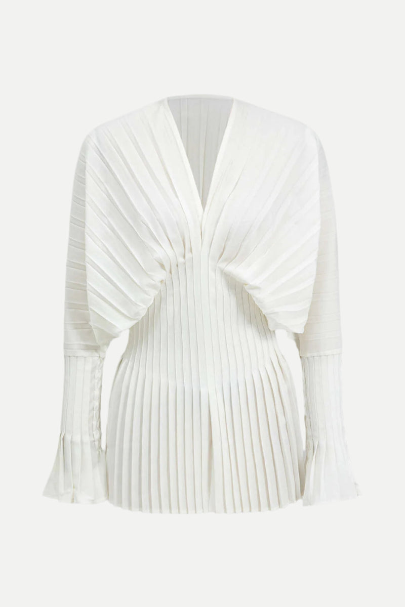 Pleated Bell Sleeve V-Neck Mini Dress in white – sis label