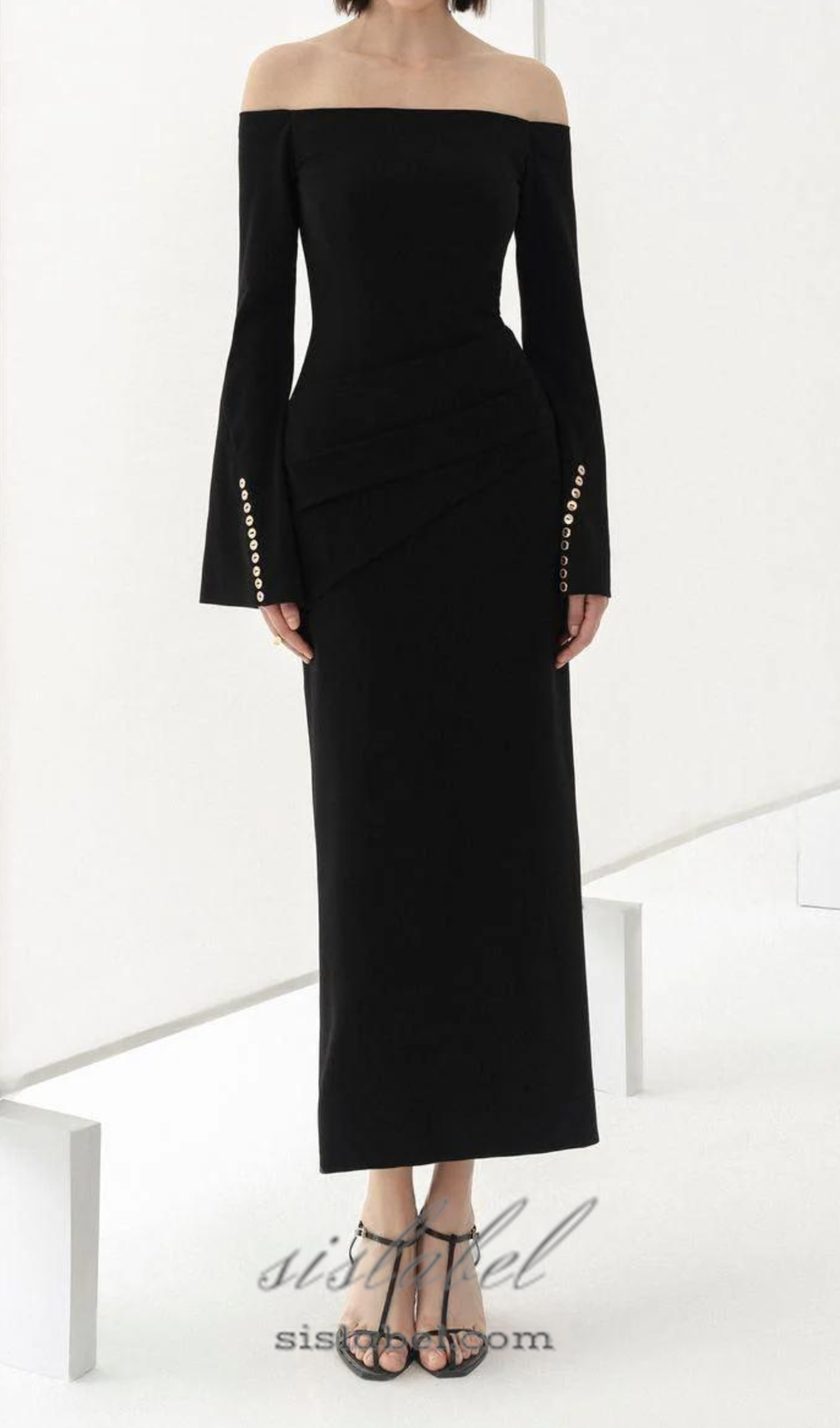 DOROTHY BLACK SHEATH OFF-SHOULDER RUCHED MIDI DRESS – sis label