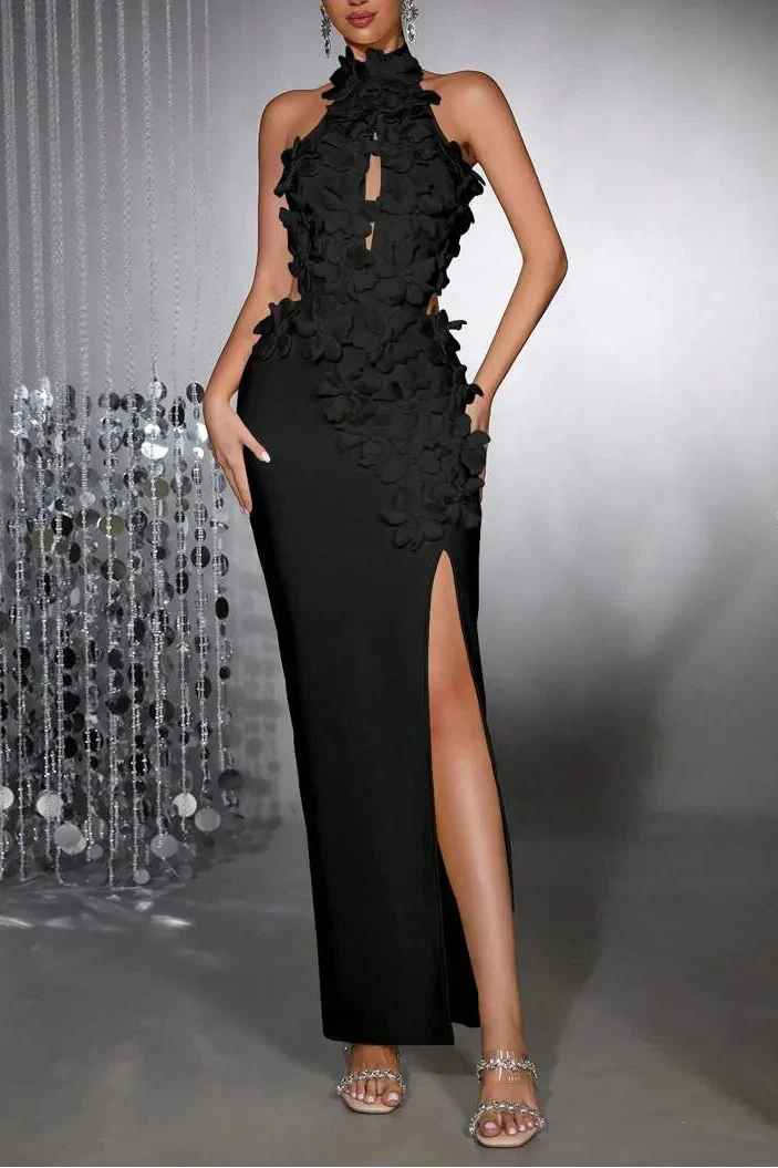 celeste 3d flower halter high slit backless maxi Dress in black – sis label