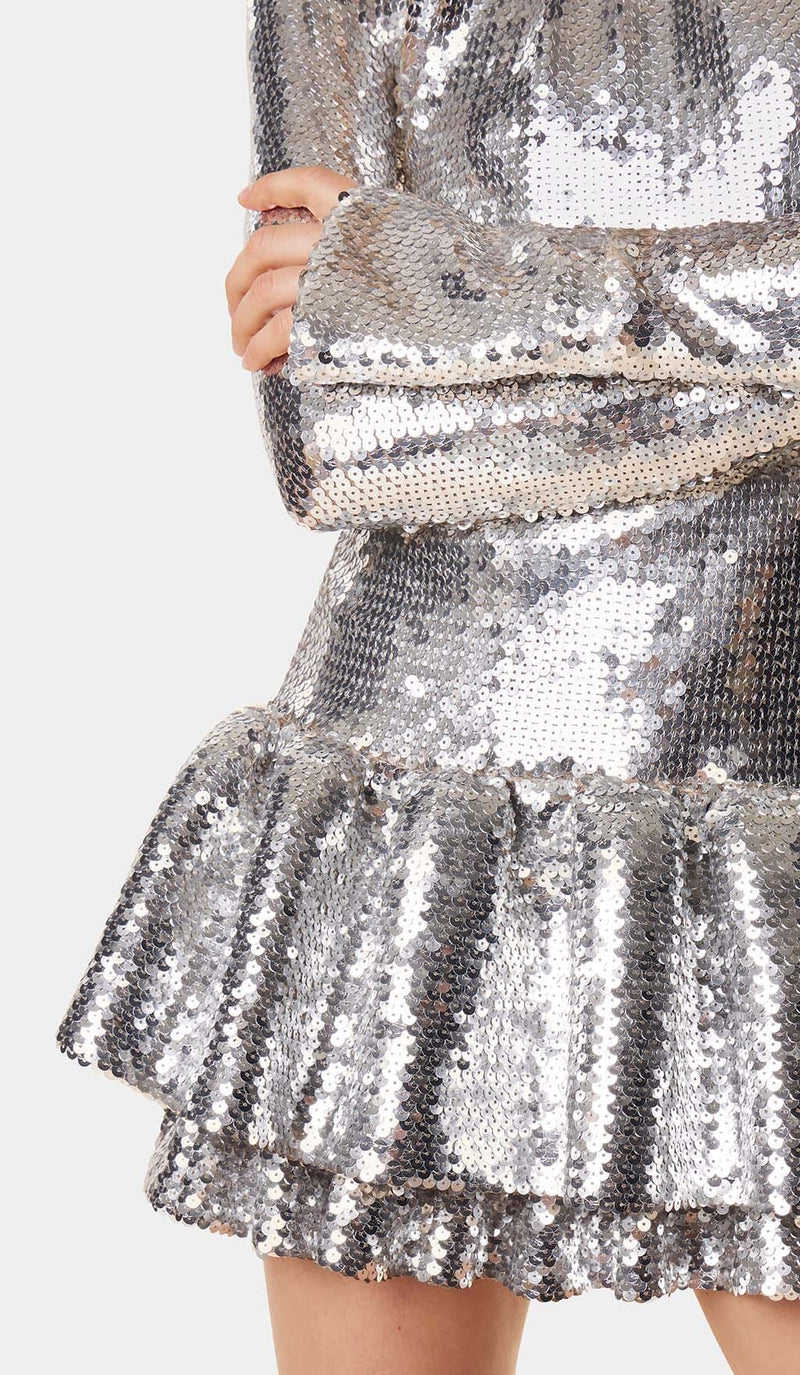 SEQUIN RUFFLE MINI DRESS IN METALLIC SILVER- SIS LABEL - NEW STYLE ...